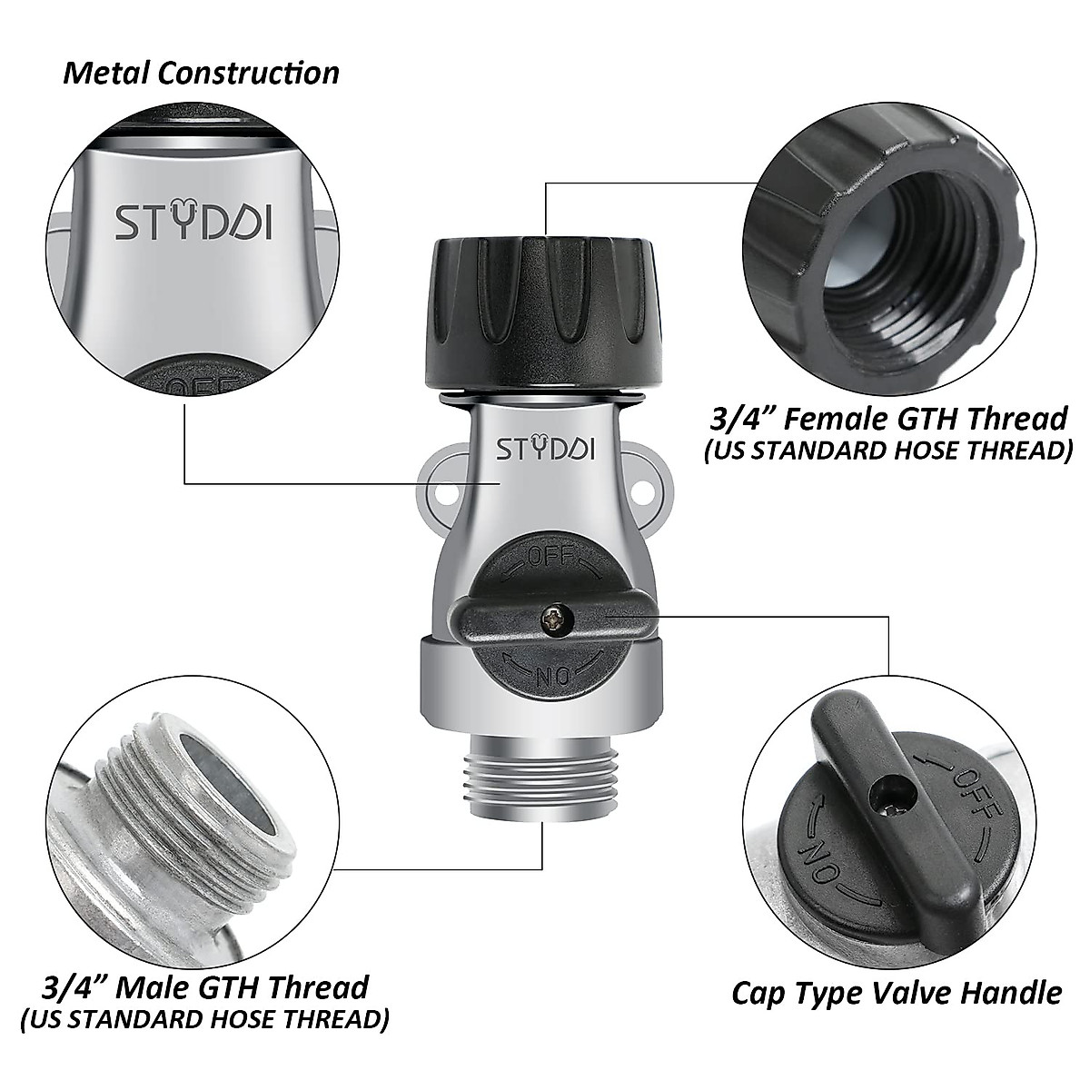 STYDDI Full Flow Garden Hose Shut Off Valve, Metal High Flow Water Hose Shut Off Connector with Cap Type Valve, Single Full-Flow Hose Shutoff Valve, 3/4" GHT, 2 PCS Silver and Black
