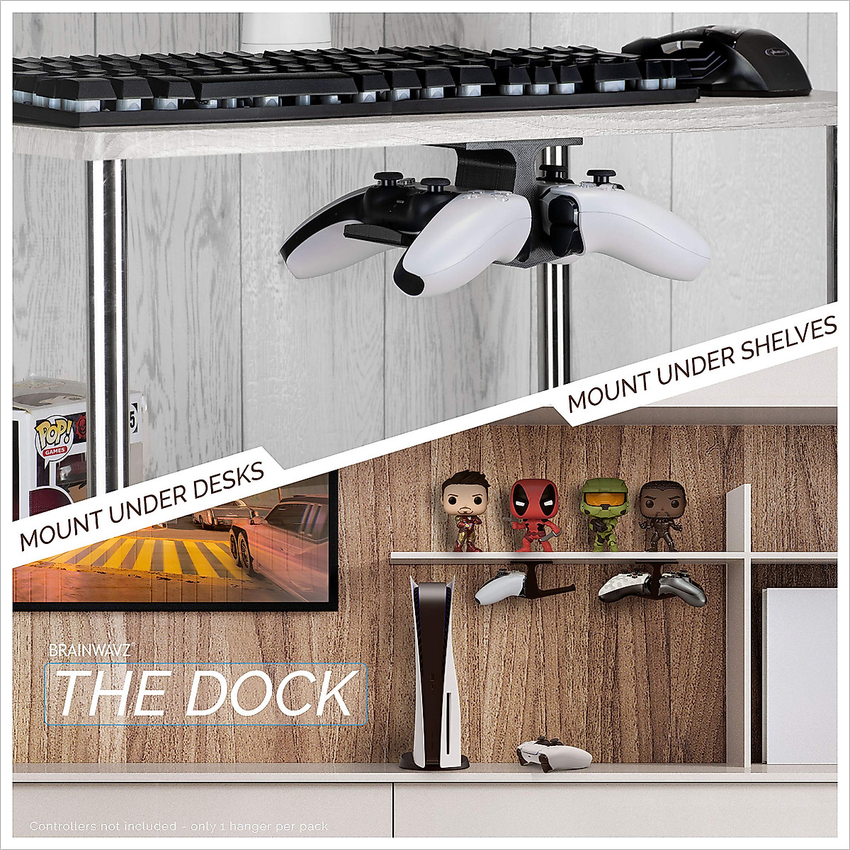 BRAINWAVZ [EOL] The Dock - Dual Game Controller Holder Under The Desk Mount for Xbox Series X, One, PS5, PS4, Switch, Streelseries, PC Gamepad & More, No Screws, Easy to Install, Black [EOL]