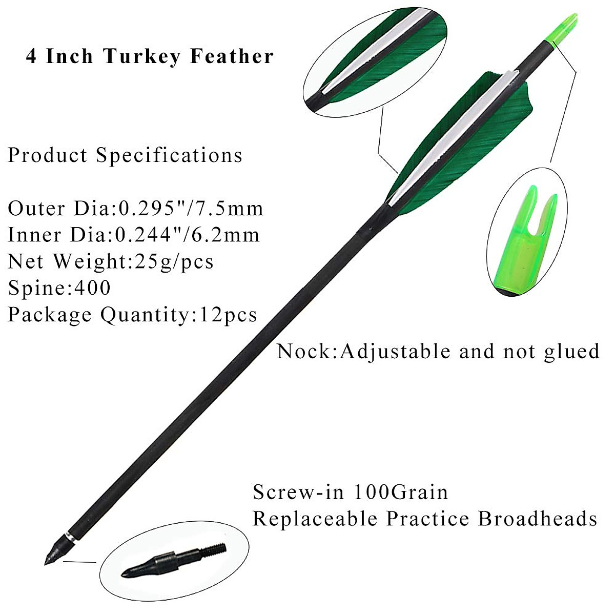 Huntingdoor Pure Carbon Arrows 31inch 400spine Archery Arrows Feather Fletching Screw-in Field Points Targeting Arrows for Compound Bow Recurve Bow 6/12 Pack