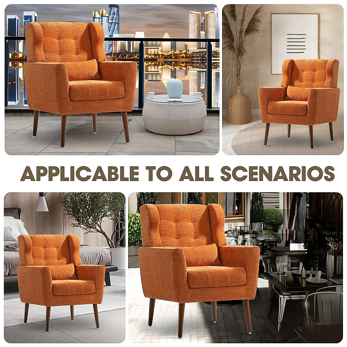 cinkehome Accent Arm Chairs for Living Room, Chenille Upholstered Mordern Armchair, Comfy Soft Padded Lounge Chair in Small Spaces, Bedroom, w/Pillow, Solid Wood Leg, Orange