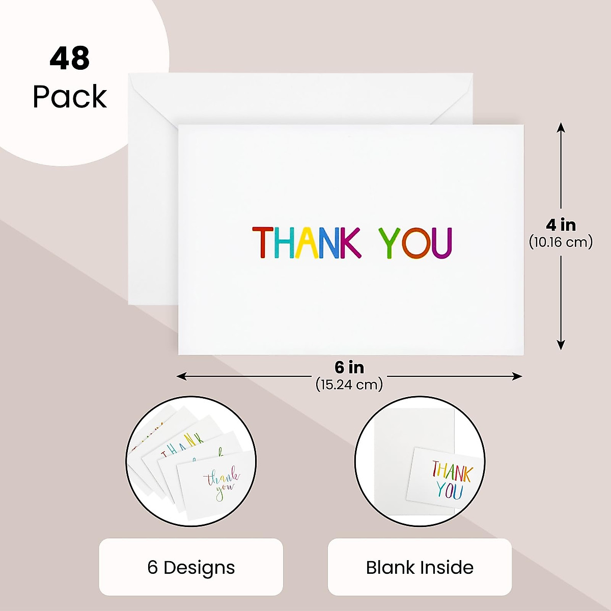 Juvale 48 Pack Thank You Note Cards with Envelopes for Kids Birthday, Baby Shower, Blank Inside (4x6 In)