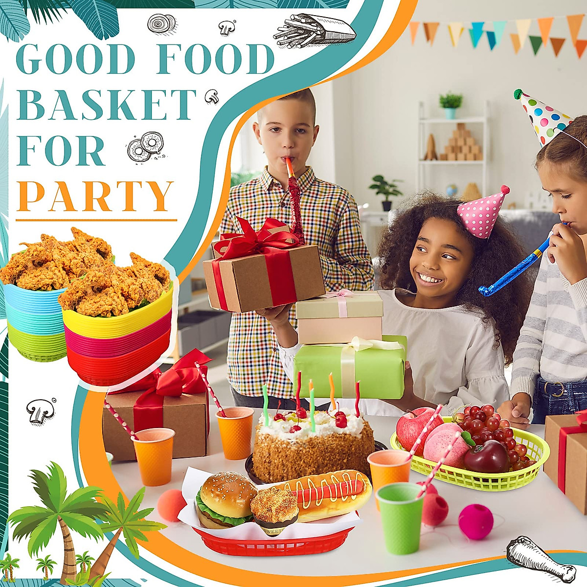 60 Pieces Fast Food Basket Oval Colorful Plastic Storage Basket Bins Reusable Chip Basket Fry Hot Dog Burger Tray for Restaurant Picnic Party Sandwiches, Bread, Deli Serving, 10.5 x 7 Inch