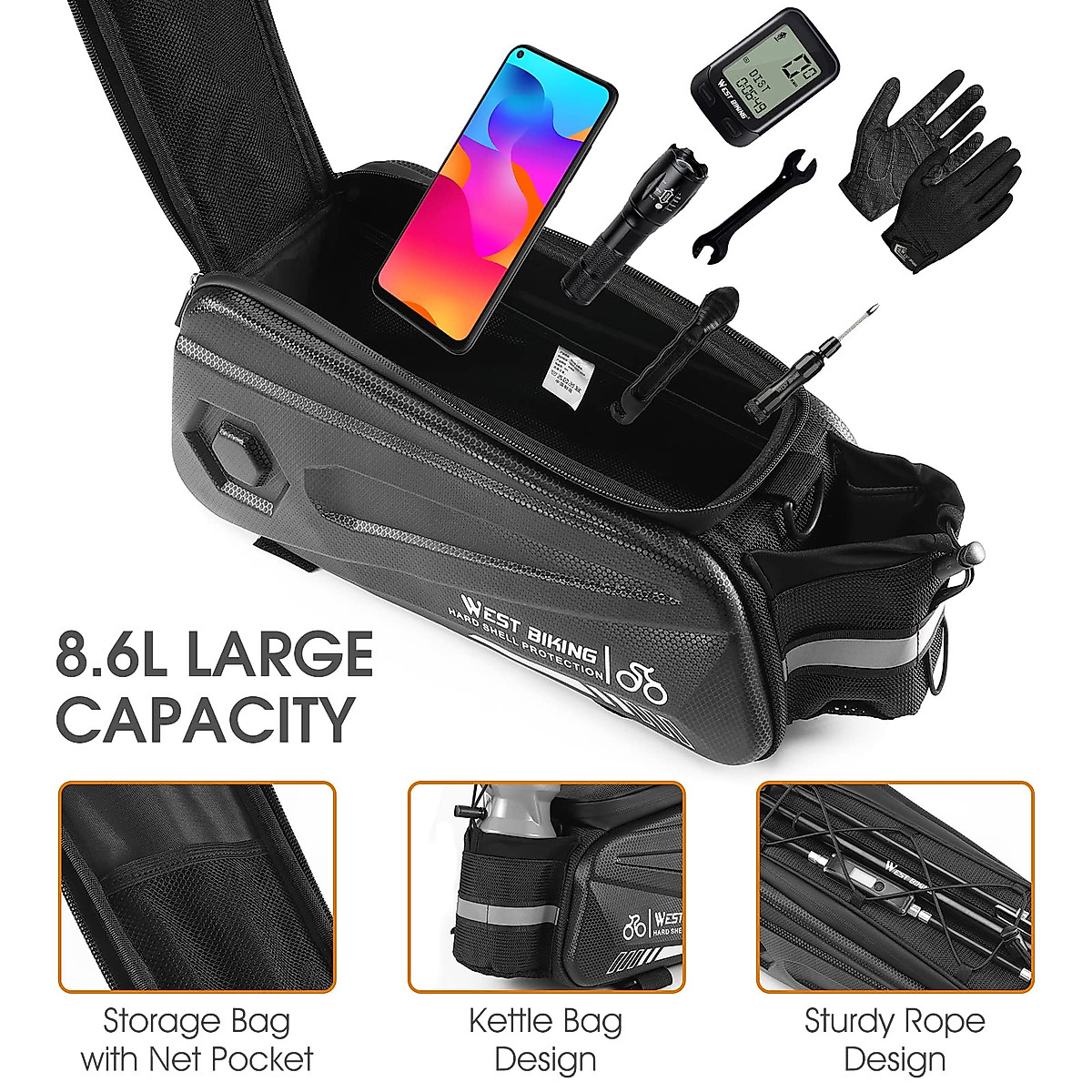 West Biking Bike Rear Seat Bag, Double Water Resistant, Zipper, Bicycle Trunk Pannier, 8.6L Capacity Waterproof Backseat Carrier Cargo Pouch with Strap & Rain Cover For Cycling