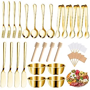 Mlurcu Cheese Butter Spreader Knives Set Charcuterie Board Accessories Stainless Steel Spreader Knives Forks Spoons Mini Serving Tongs Small Dipping Bowls Toothpick Flags Utensils for Pastry Making