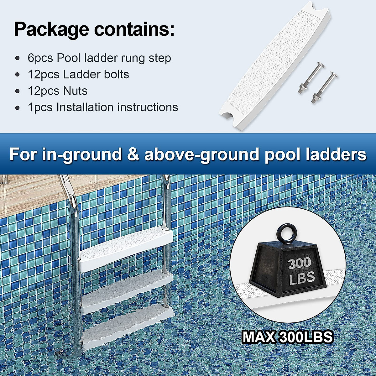 Goovilla Pool Ladder Steps Replacement, (6-Pack) 18" Universal Heavy-Duty Molded Plastic Swimming Pool Ladder Rung Step with 12 PCS Stainless Steel Bolts for Inground and above Ground Pools, White