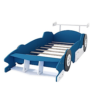 Bellemave Twin Size Race Car Bed for Kids,Wood Car-Shaped Platform Bed with Storage Shelves,Car Bed Twin with Wheels for Boys,Girls,(Twin,Blue)