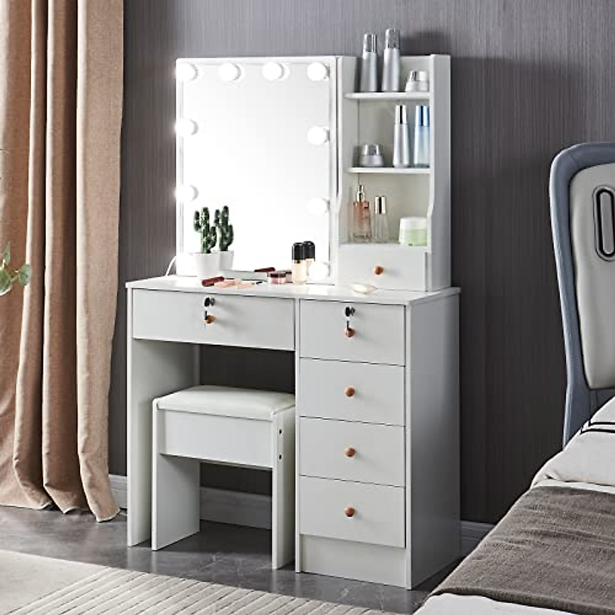Jansaimei White Vanity Table Set with Mirror and Lights and 3 Color Light Settings, Makeup Vanity Desk Multiple Drawers Capacity with Chair and Mirror. Dressing Table for Girls and Women.