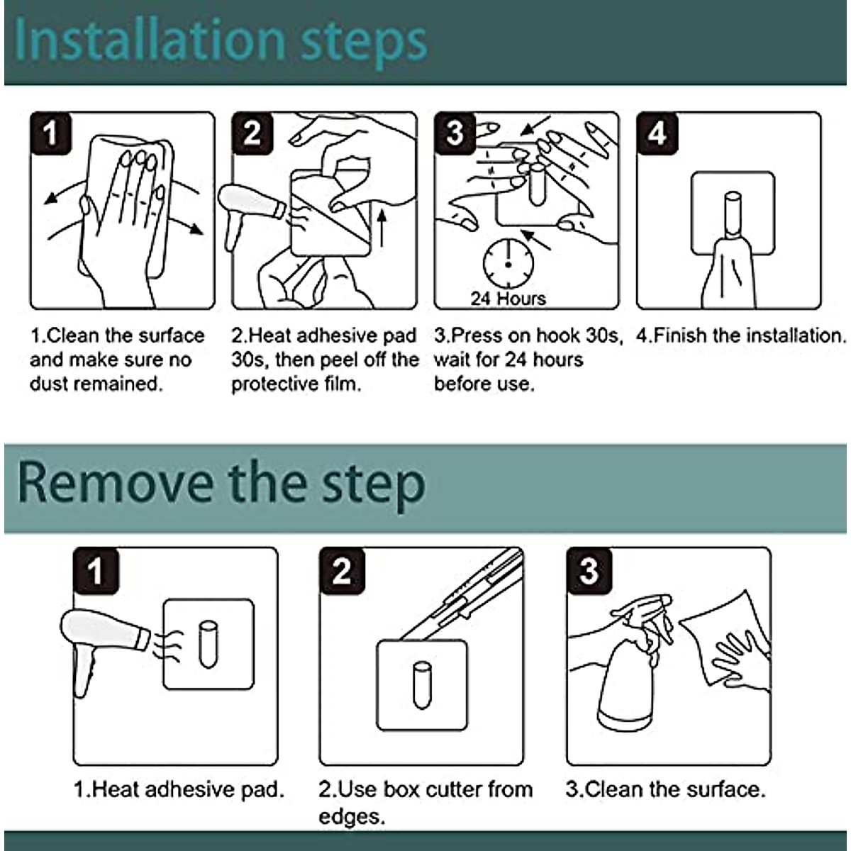 WMQL Black Hooks Waterproof 304 Stainless Steel Hooks Adhesive Hooks Hangers Waterproof Stainless Steel for Hanging Kitchen Bathroom Home-6 Packs