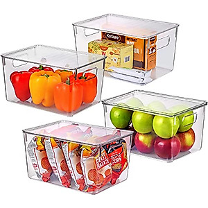 Homeries Pantry Organization And Storage bins With Lids, for Refrigerator, Freezer, Bedroom & Bathroom Shelves - 11.37"x8"x6.25" Large Stackable Clear Plastic Storage Bins for Kitchen Items,