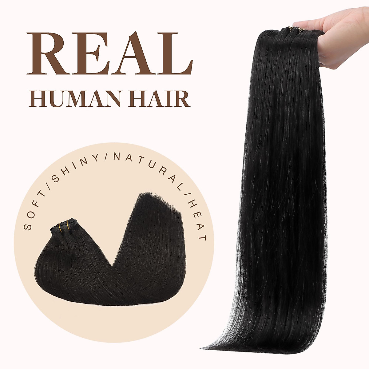 GOO GOO Clip in Hair Extensions Real Human Hair, Remy Human Hair Extensions Clip ins for Women, Natural Human Hair, 20inch 150g 7Pcs, 1B Natural black