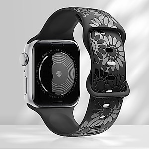 Sunflower Engraved Band Compatible with Apple Watch Bands 38mm 40mm 41mm 42mm 44mm 45mm 49mm Women, Designer Soft Glossy Floral Silicone Strap for iWatch Series Ultra 9 8 7 6 SE 5 4 3 2, Black-38