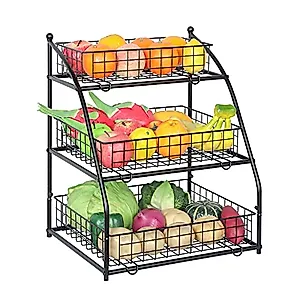 Fruit Basket for Kitchen Counter, 3-tier Fruit Holder Stand for Kitchen Countertop, Large Capacity Fruit Bowl Baskets for Kitchen Counter, Wire Baskets for Storage of Snack Produce Potato Onion