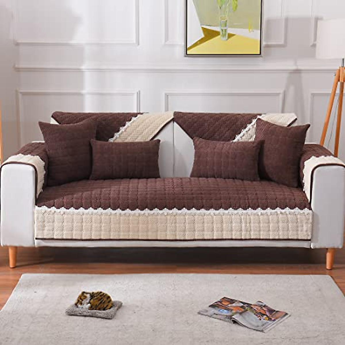 vctops Soft Corduroy Sofa Couch Cover, Plaid Sectional Couch Covers, Non-Slip Sofa Slipcover for Dogs Cats Kids(Brown,36"x82")