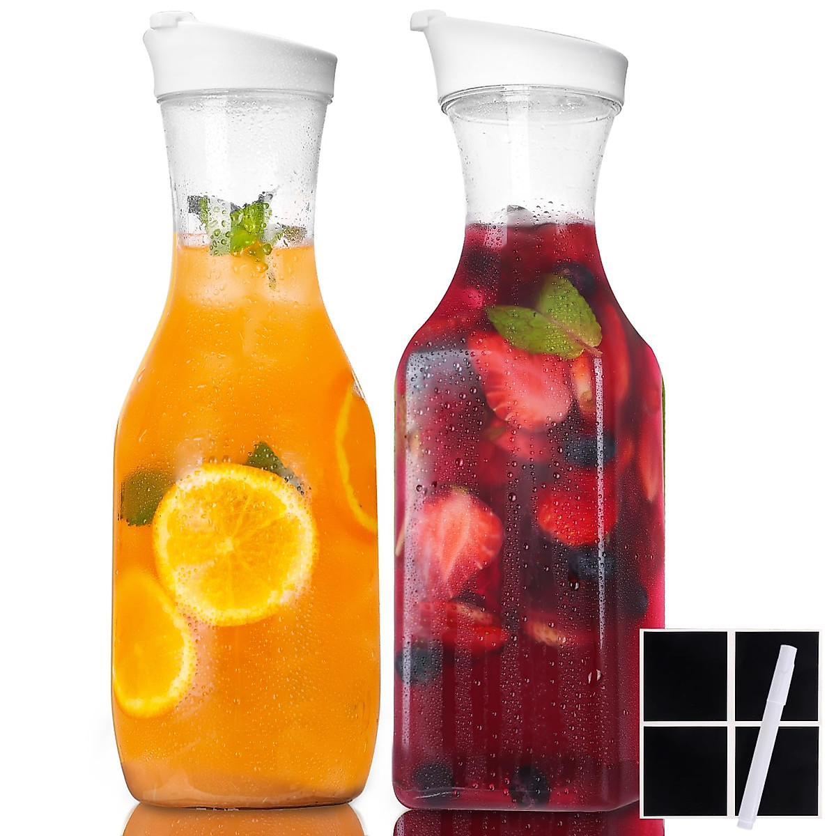 TOMNK 2pcs 50oz Plastic Pitcher with Lids, Plastic Juice Carafe for Mimosa Bar, Drink Pitcher, Water Carafe, Milk Container, Circle Water Bottle