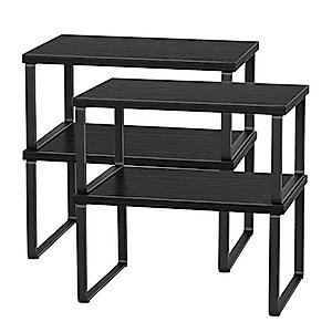 CADUKE Set of 4 Kitchen Counter Shelves Stackable Shelf Organizer Wood Countertop Shelf Expandable Cabinet Shelf Organizers Countertop Storage Rack for Pantry, Industrial Black