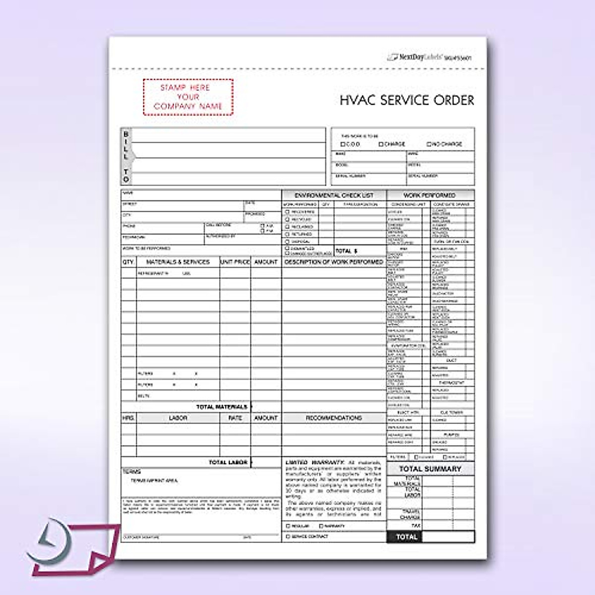 HVAC Service Order Invoice & Repair Detail Form, 3 Part Carbonless (100 Sets) Letter Size Forms