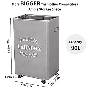 WOWLIVE Large Rolling Laundry Basket Wheels 90L Collapsible Tall Laundry Hamper Handle Foldable Dirty Clothing Basket Fold up Rectangular Hampers for Laundry Dorm Room (Grey)
