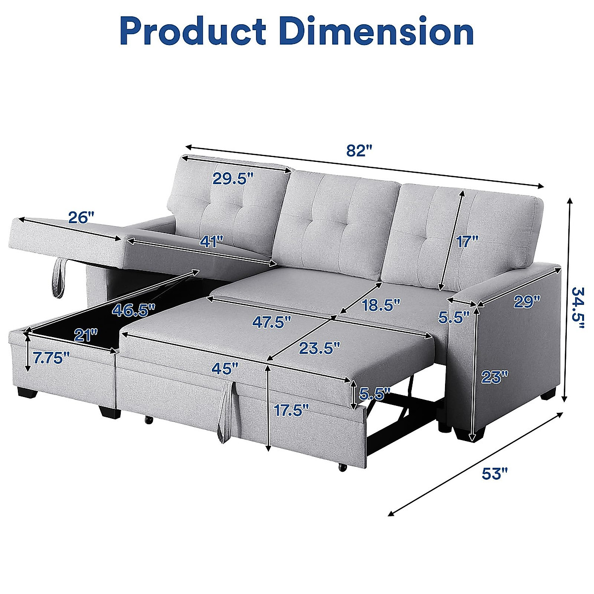 Rovibek 4-in-1 Convertible L Shaped Couch with Pull Out Bed and Storage, Sectional Sleeper Sofa with Reversible Chaise for Living Room, Apartment, Bedroom, Office