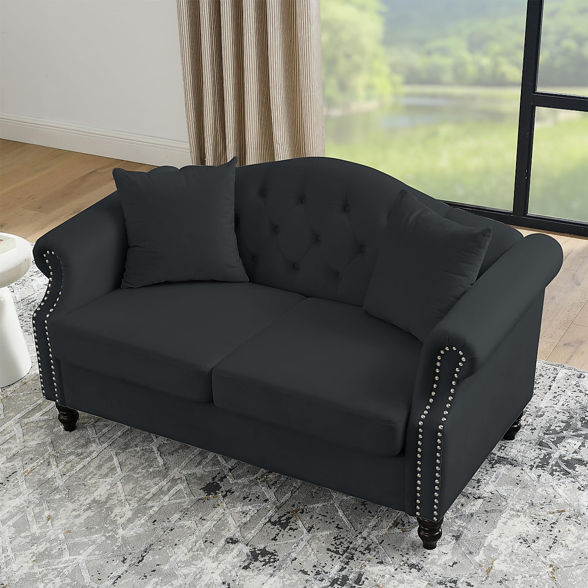 Chesterfield Sofa Velvet for Living Room, Lounge Sofa Tufted Couch with Rolled Arms and Nailhead for Living Room, Bedroom, Office, Apartment (Black, 2-Seater)