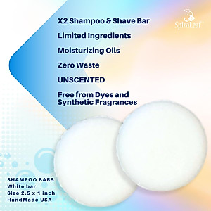 Spiraleaf Whiff Shampoo Bars, x2 Savings, Unscented: Limited Ingredients, No Scents or Colorings; Concentrated Formula, Made USA