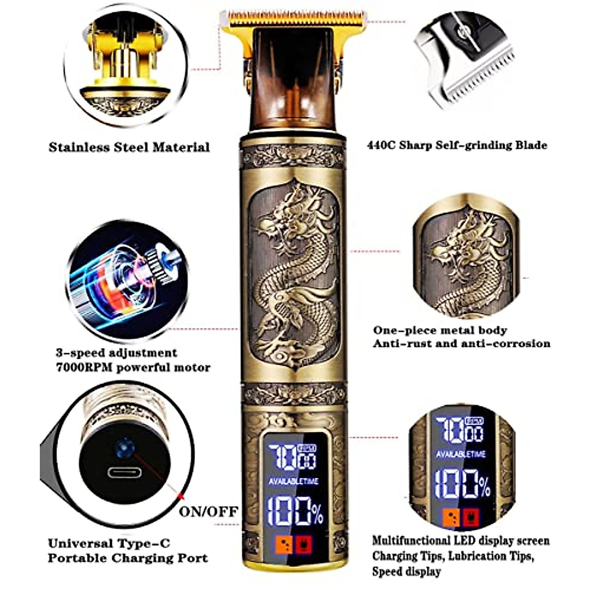 JAVENYIMAN Professional Hair Trimmer for Men,T-Blade Zero Gapped Cordless Edger Clipper Cutting Rechargeable Liners Electric Beard Shaver with LED Display (Gold)