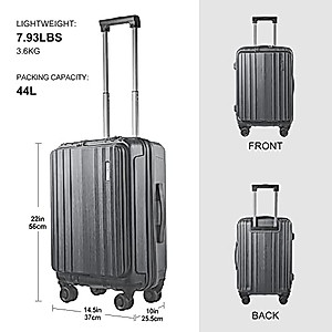 TydeCkare Carry on Luggage 21 Inch with Front Pocket, ABS+PC Hardshell Suitcase with Dual Control TSA Lock, YKK Zipper, 4 Spinner Silent Wheels, Silver Grey