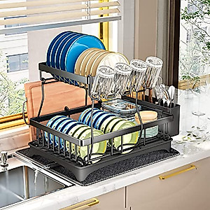 Dish Drying Rack, Detachable 2 Tier Dish Rack and Drainboard Set, Large Capacity Dish Drainer Organizer Shelf with Utensil Holder, Cup Rack, Extra Drying Mat for Kitchen Counter, Black