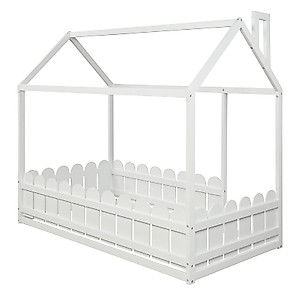 Harper & Bright Designs Kids House Beds, Twin Floor Bed with Fence Wood Cabin Bed Frame Can be Decorated for Kids, Teens, Girls, Boys, White
