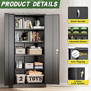 Greenvelly Metal Storage Cabinet, 72" x 32" x 16", Black Metal Cabinet with 2 Doors and 4 Adjustable Shelves, Locking Cabinet for Garage, Office, Home