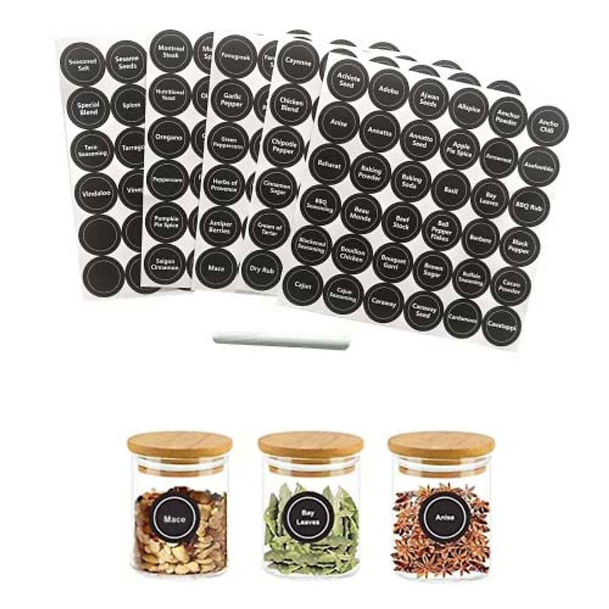 180 Spice Labels for Food Containers, Chalkboard Labels for Jars,Spice Labels Stickers Preprinted Pantry Labels,Small Chalk Labels Spice Jar Labels-Round 168 Printed,12 Blank Stickers,1 Erasable Chalk
