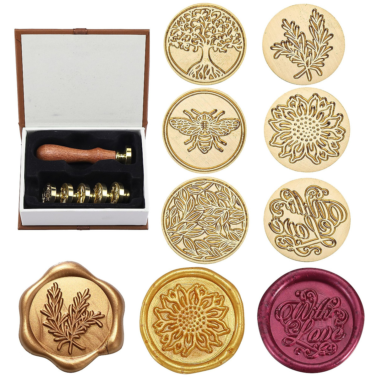 Wax Seal Stamp Set,Yoption 6 Pieces Plant Series Sealing Wax Stamp Heads + 1 Wooden Hilt, Vintage Seal Wax Stamp Kit with Gift Box (Sunflower+Tree of Life+Bee+with Love+Rosemary+Leaves)
