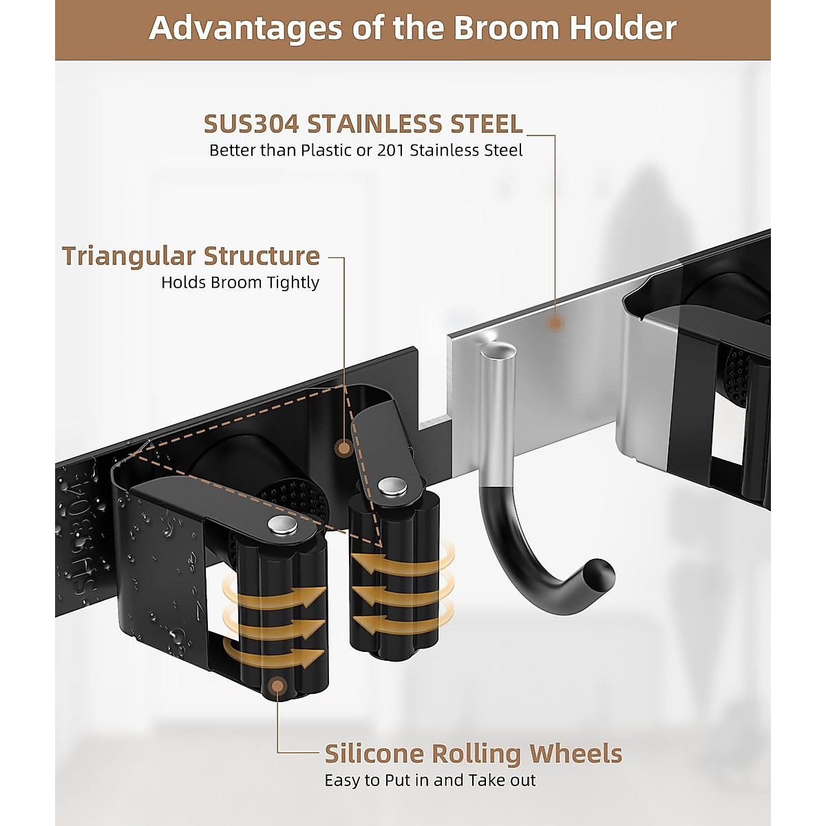 PrimZooty Broom Holder Over The Door - 304 Stainless Steel Mop and Broom Holder Wall Mounted or Hanging Over The Door with Hooks - Broom Hanger, Broom Storage Tool Organizer for Garage Closet Laundry