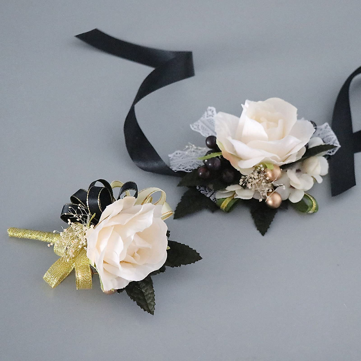 Firlar 2 PCS Wedding Wrist Flower and Mens Corsage, Artificial Ivory Rose Flower Wrist Corsage and Boutonniere Set, Bride Wristlet Band Bracelet and Men Boutonniere Set for Wedding Party Prom Suit