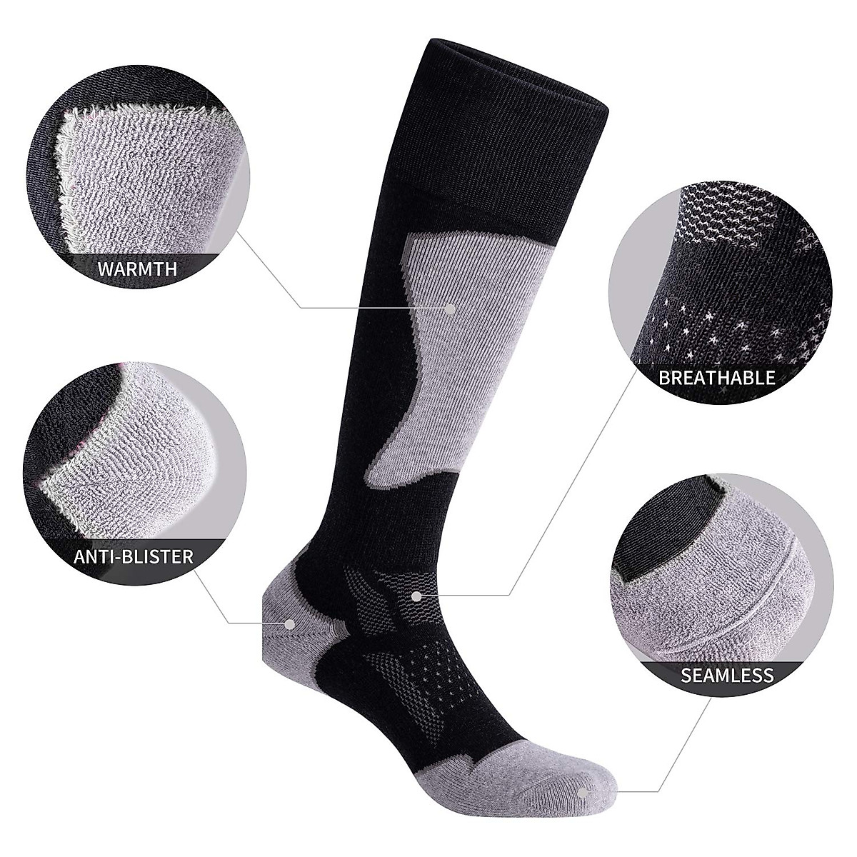 CelerSport 2 Pack Women's Ski Socks for Skiing, Snowboarding, Cold Weather, Winter Performance Socks for Kids Youth Girls Boys, Black+Grey, Small