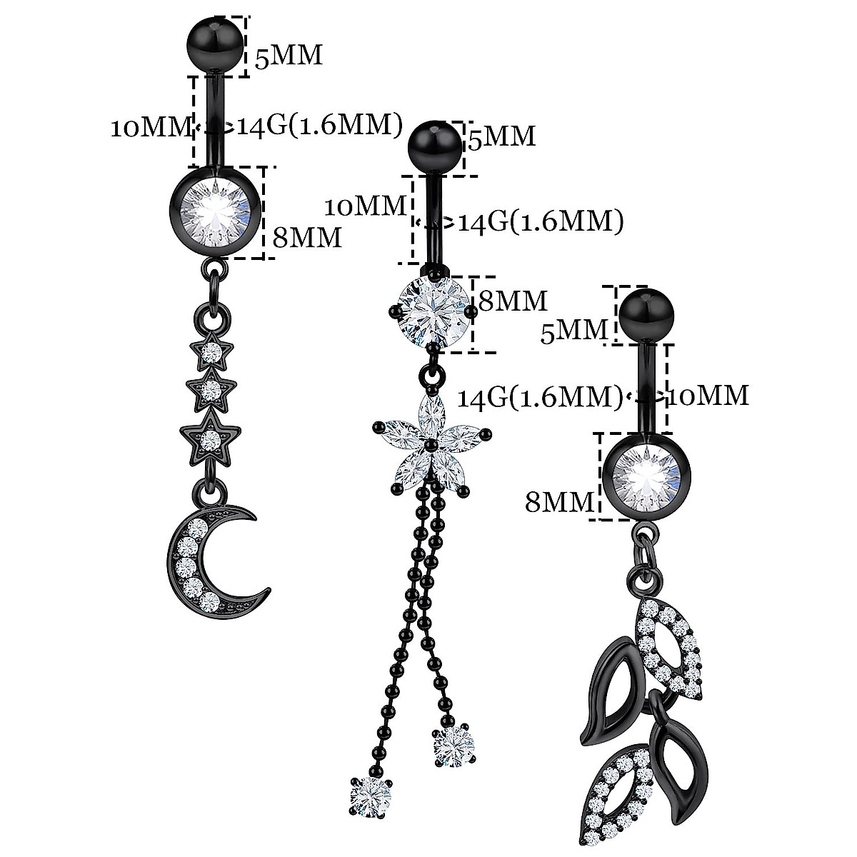 Uzgtvy 14G Belly Button Ring for Women Stainless Surgical Steel Belly Ring Dangle Curved Barbells Bar Black Dangling Belly Button Navel Ring Belly Vch Body Piercing Jewelry 10mm CZ Diamond Gem