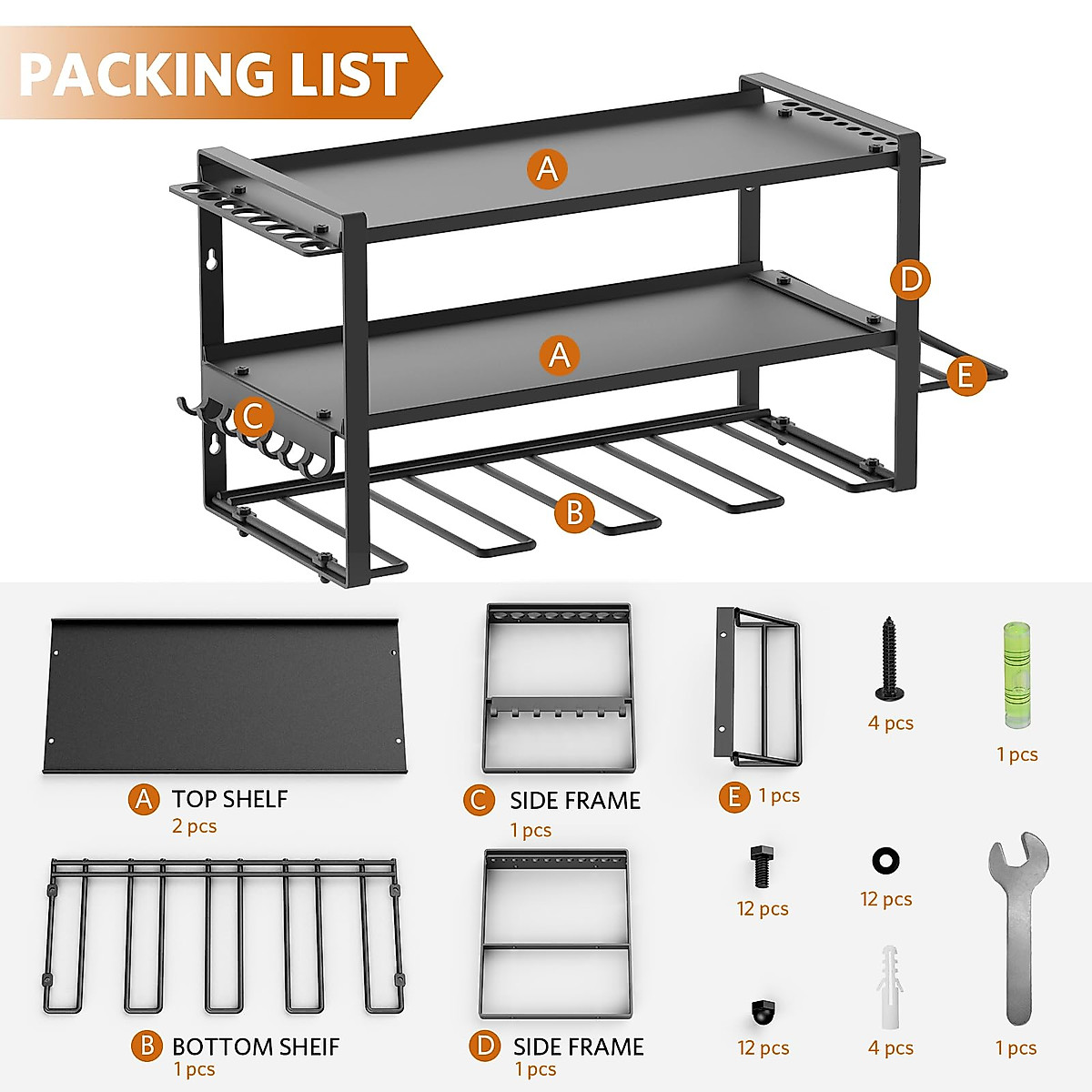 satiarep Power Tool Organizer Wall Mount,Power Drill Tool Holder,Tool Organizers and Storage for Workshop,Garage,Heavy Duty Metal Power Tool Storage Rack,4 Drill Holders,3 layers,Black