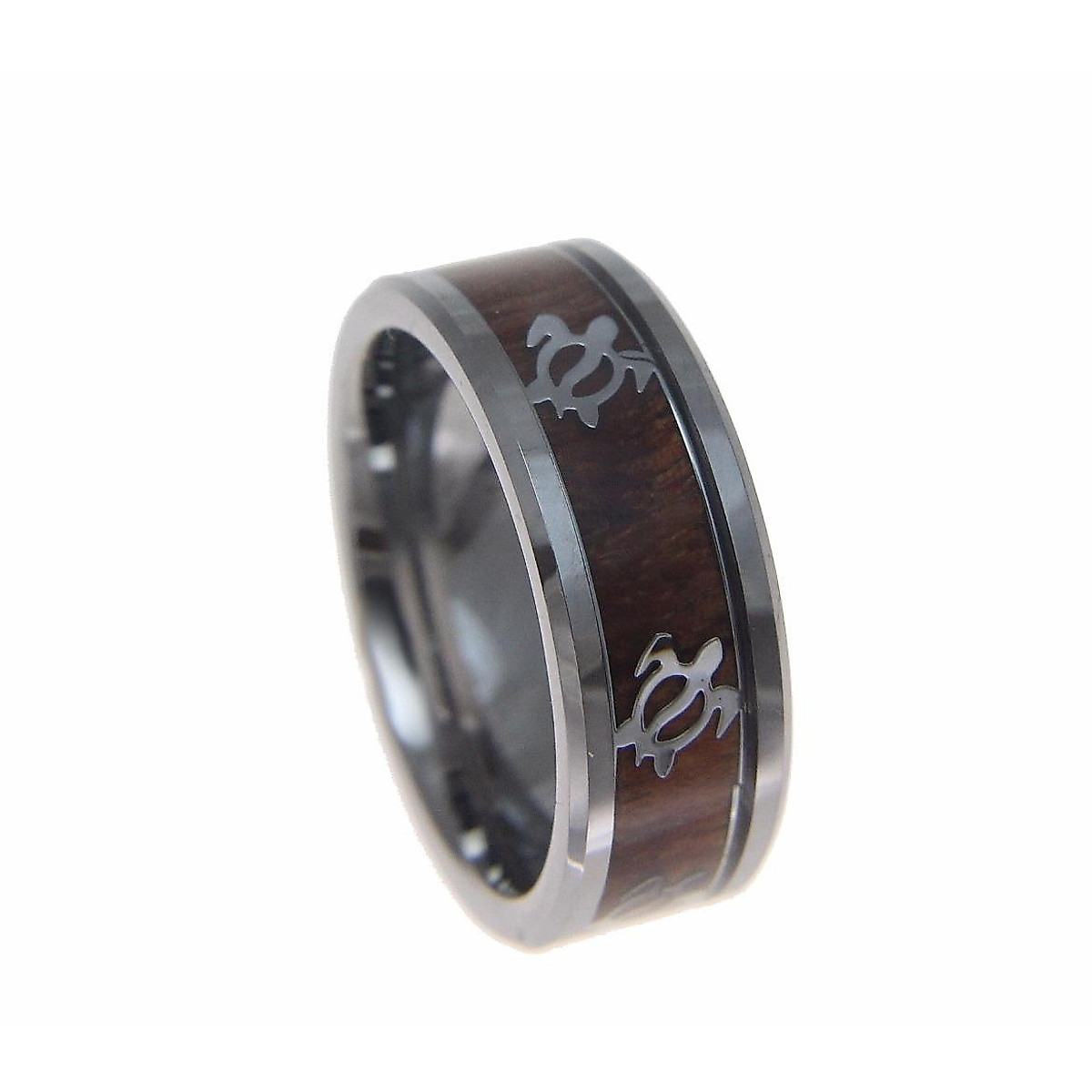 Arthur's Jewelry Genuine inlay Hawaiian koa wood band ring honu turtle tungsten comfort fit 8mm size 8