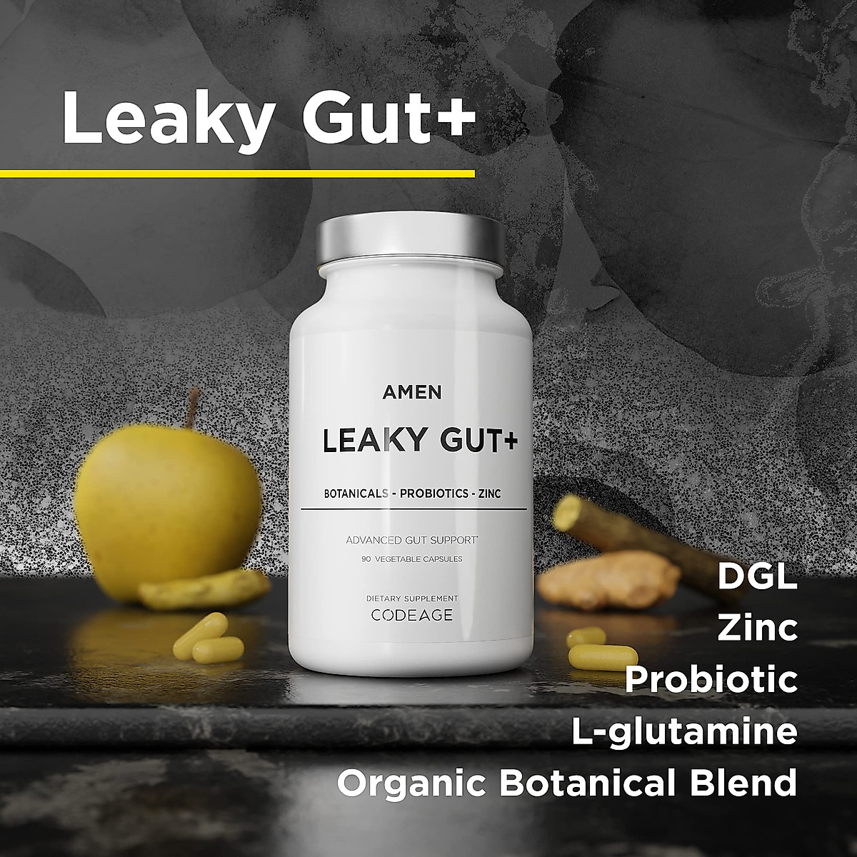 Amen Leaky Gut Supplements - Advanced Formula with Bioavailable L Glutamine, Zinc, Turmeric, Licorice Root - Bowel and Stomach Probiotics & Fermented Prebiotics - Vegan, Non-GMO - 90 Capsules