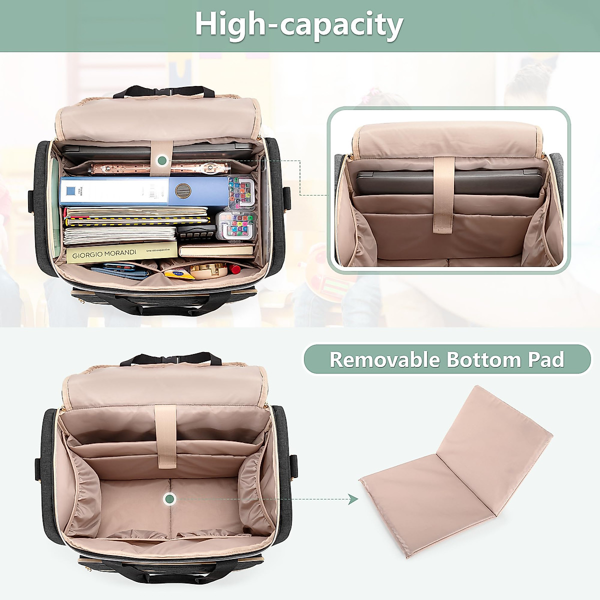 LUXJA Rolling Teacher Bag with Laptop Compartment and Detachable Dolly, Multifunctional Rolling Teacher Tote Bag (Patent Pending), Black