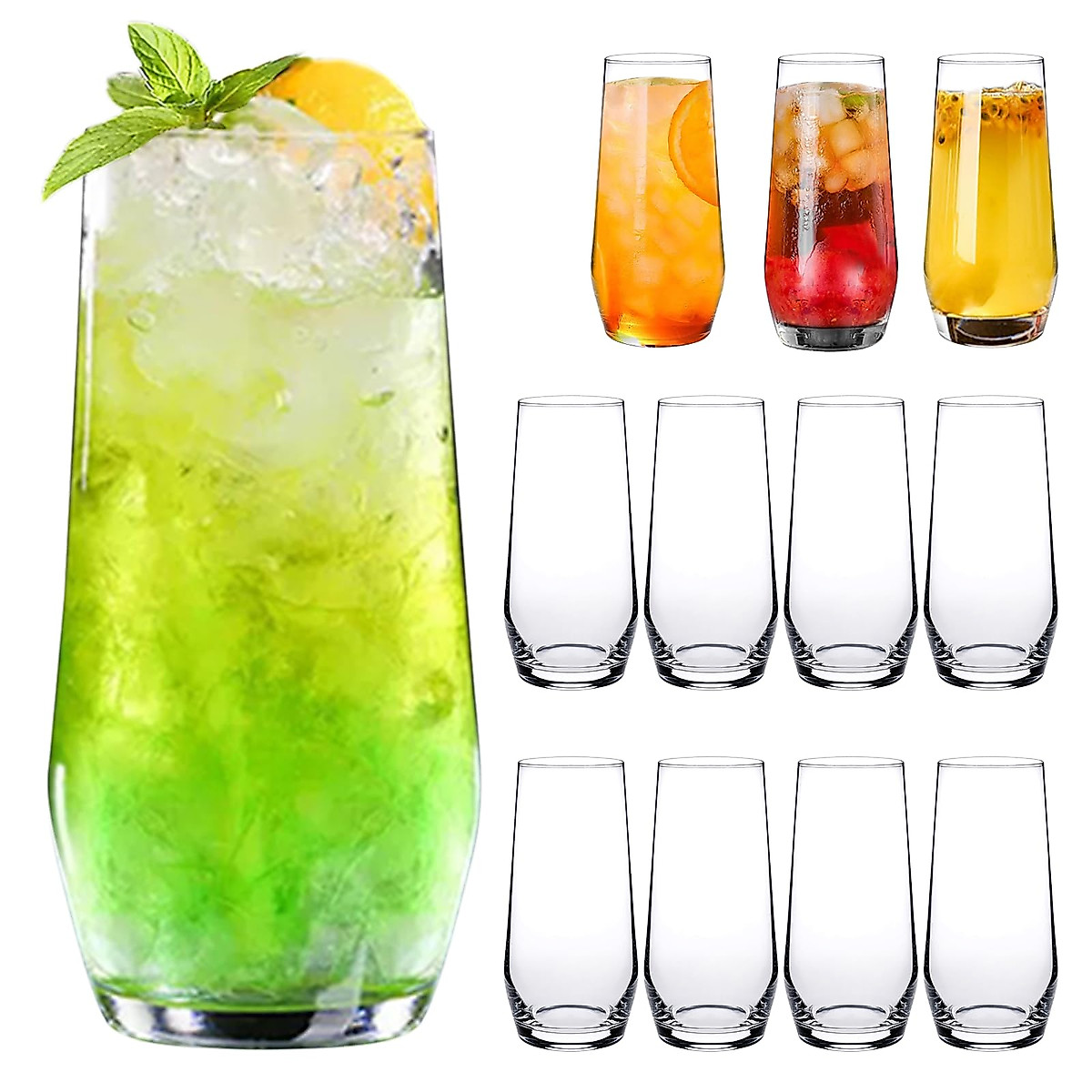 Cadamada 18oz Drinking Glasses, Highball Glasses Set of 12,Sutiable for Glasses for Wine, Iced Tea Glasses,Mojito Kit,Cocktails, Drinks, Office, Parties, Weddings and Gifts