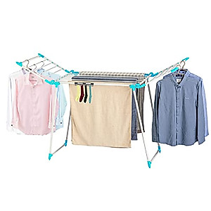 YUBELLES Clothes Drying Rack, Gullwing Laundry Rack, Collapsible, Space-Saving Laundry Rack, with Bonus Sock Clips, for Clothes, Towels, Linens, Indoor/Outdoor, Cyan