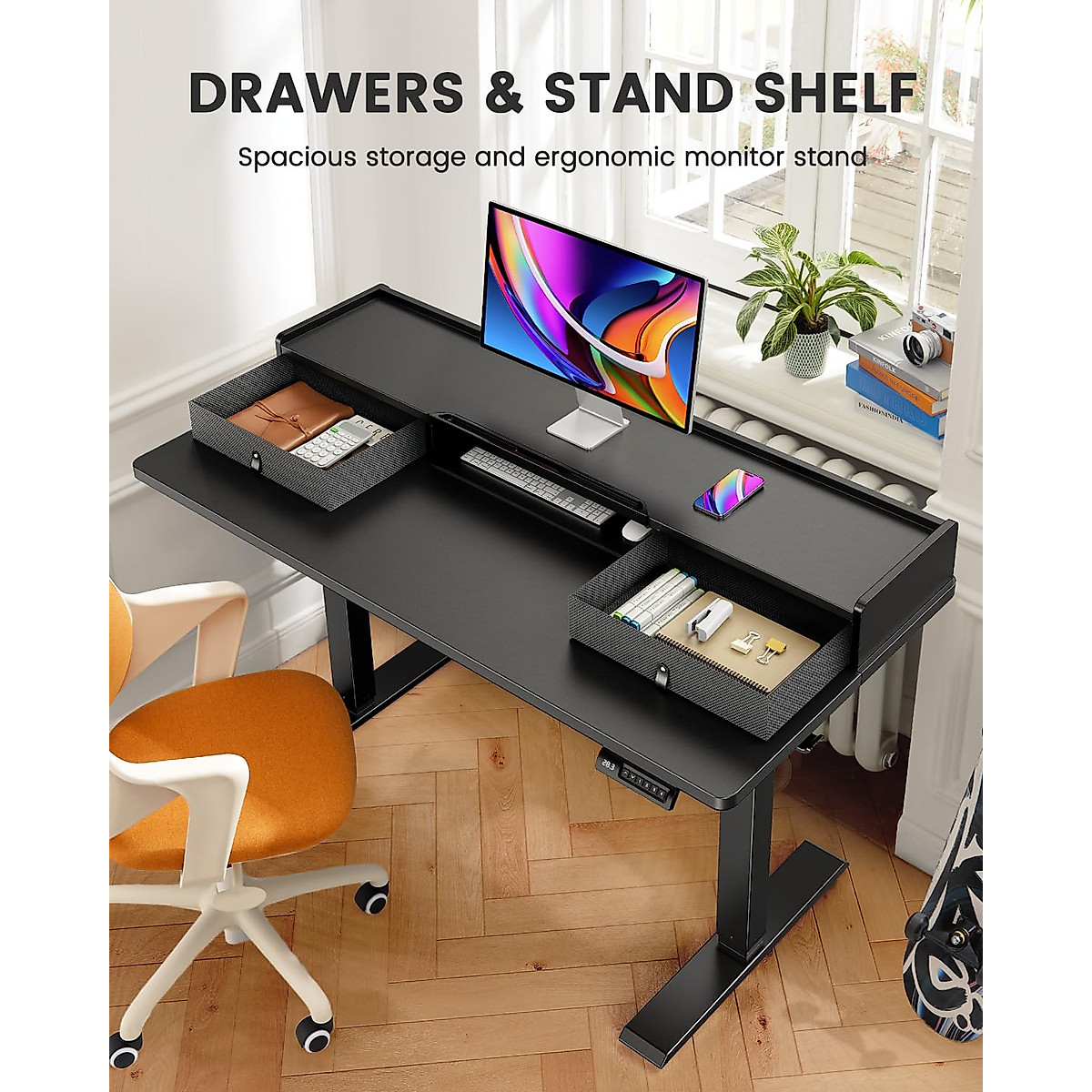 Ergear Electric Standing Desk Adjustable Height with 2 Drawers, 55 x 28 Inches Sit Stand Up Desk with Storage Shelf, 3 Memory Presets, for Home Office