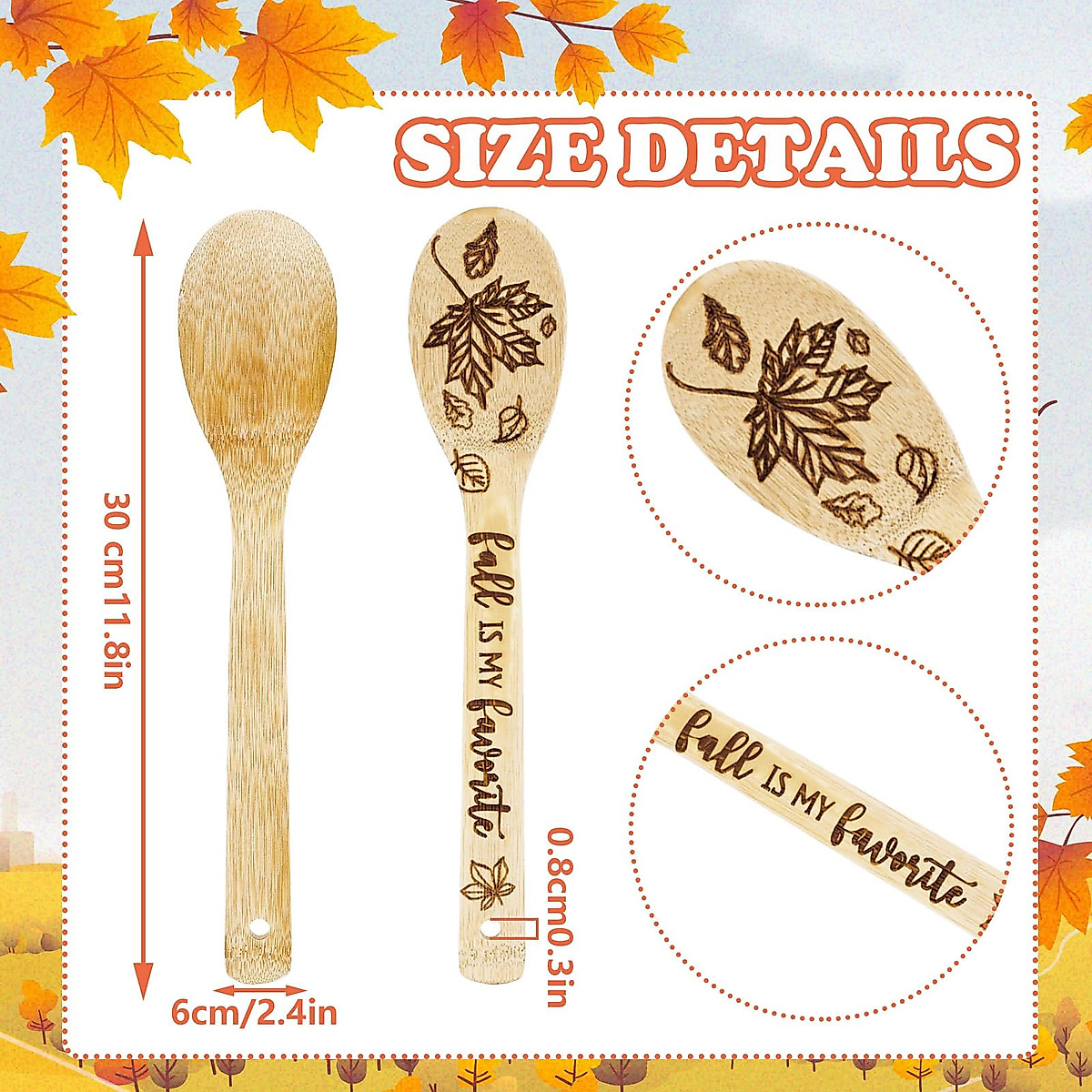 Whaline 7Pcs Fall Wooden Spoons Set Pumpkin Maple Turkey Gnome Wooden Spoons Thanksgiving Natural Burned Cooking Utensil Spoon Engraved Laser Scoops for Party Decoration Home Kitchen Supplies