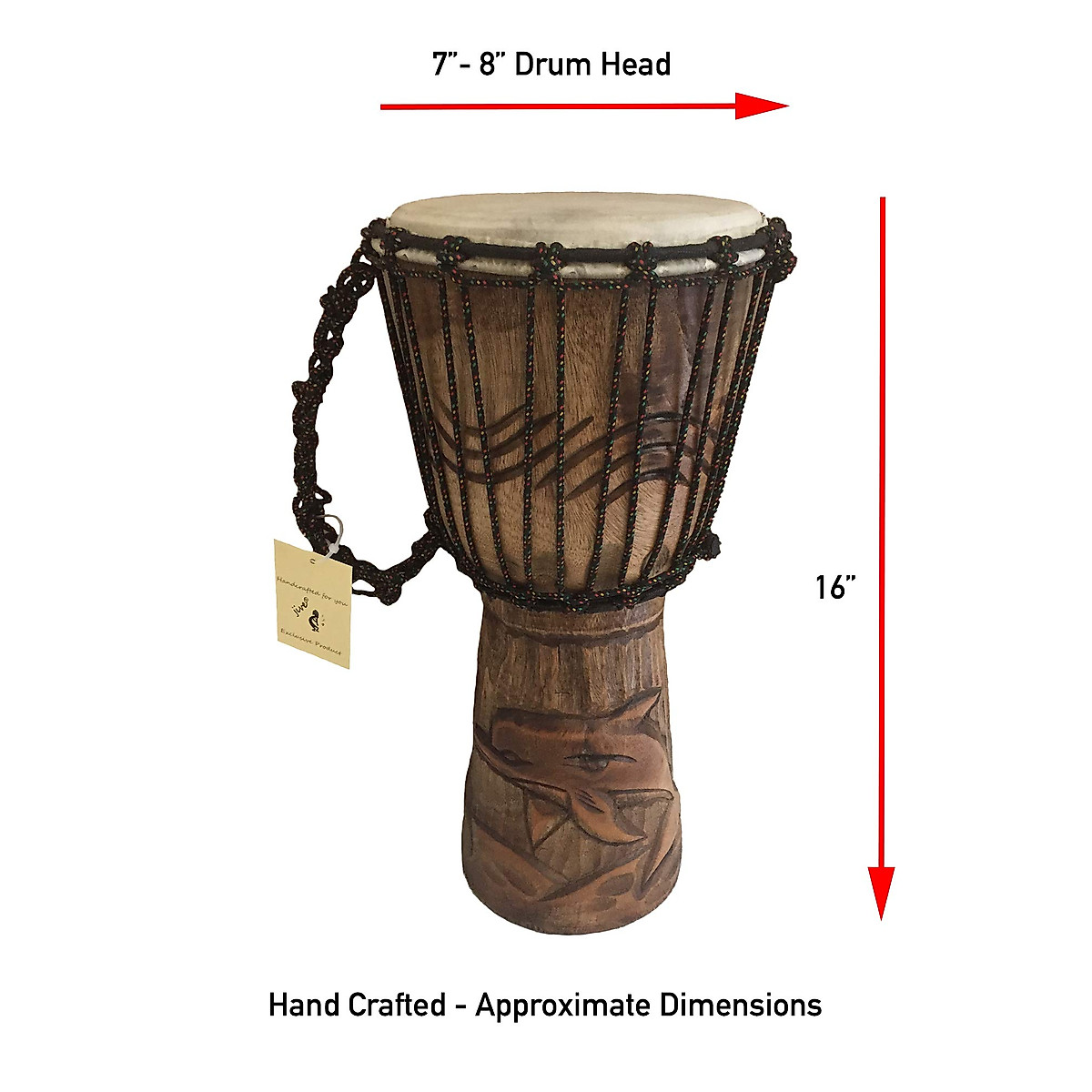 JIVE Djembe Drum African Bongo Congo Wood Drum Deep Carved Solid Mahogany Goat Skin Professional Quality 16" High (Dolphin)