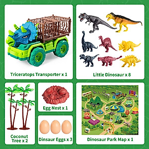 MAGICDINOSAUR Triceratops Dinosaur Truck Toy for Kids 3+ Years, Large Vehicle Carrier Car Toys, Monster Truck with Cage, Dino Eggs, Jurassic Dino Figures and Play Mat, Gift for Boys