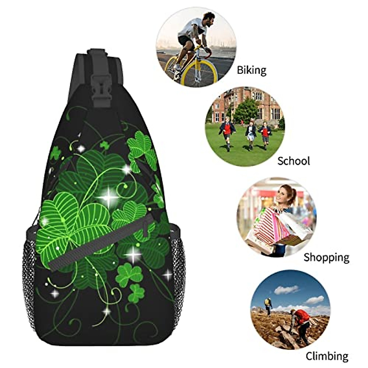 ROSIHODE St. Patrick's Day Cute Shamrocks Sling Backpack,Travel Hiking Daypack Clover Crossbody Shoulder Bag