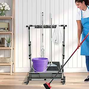 Movable Mop Broom Holder, Floor Mounted Cleaning Tool Cart with Wheels, 10 Slots with Hooks, Height Adjustable Cleaning Supplies Organizer Janitor Carts, Housekeeping Station Storage Tools