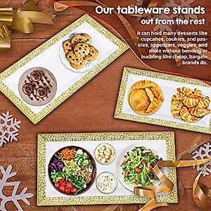Yumchikel-Elegant Plastic Serving Tray & Platter Set (2pk) - White & Gold Rim Disposable Serving Trays & Platters for Food - Weddings, Upscale Parties, Dessert Table, Cupcake display - 7.5 x 14 inches