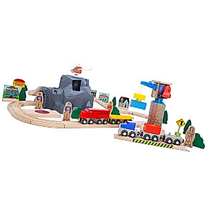 ORBRIUM Lift and Load Wooden Train Set with Magnetic Crane, Magnetic Helicopter, Large Diesel Engine, Semi-Truck, Shipping Container Flat Car Compatible with Thomas, Brio, Chuggington, Melissa & Doug
