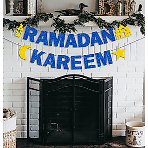 JKQ Blue Glitter Ramadan Kareem Banner and Lantern Star Moon Castle Pattern Banner Muslim Ramadan Mubarak Garland Banner Islamic Eid Mubarak Festival Celebration Party Fireplace Decorations
